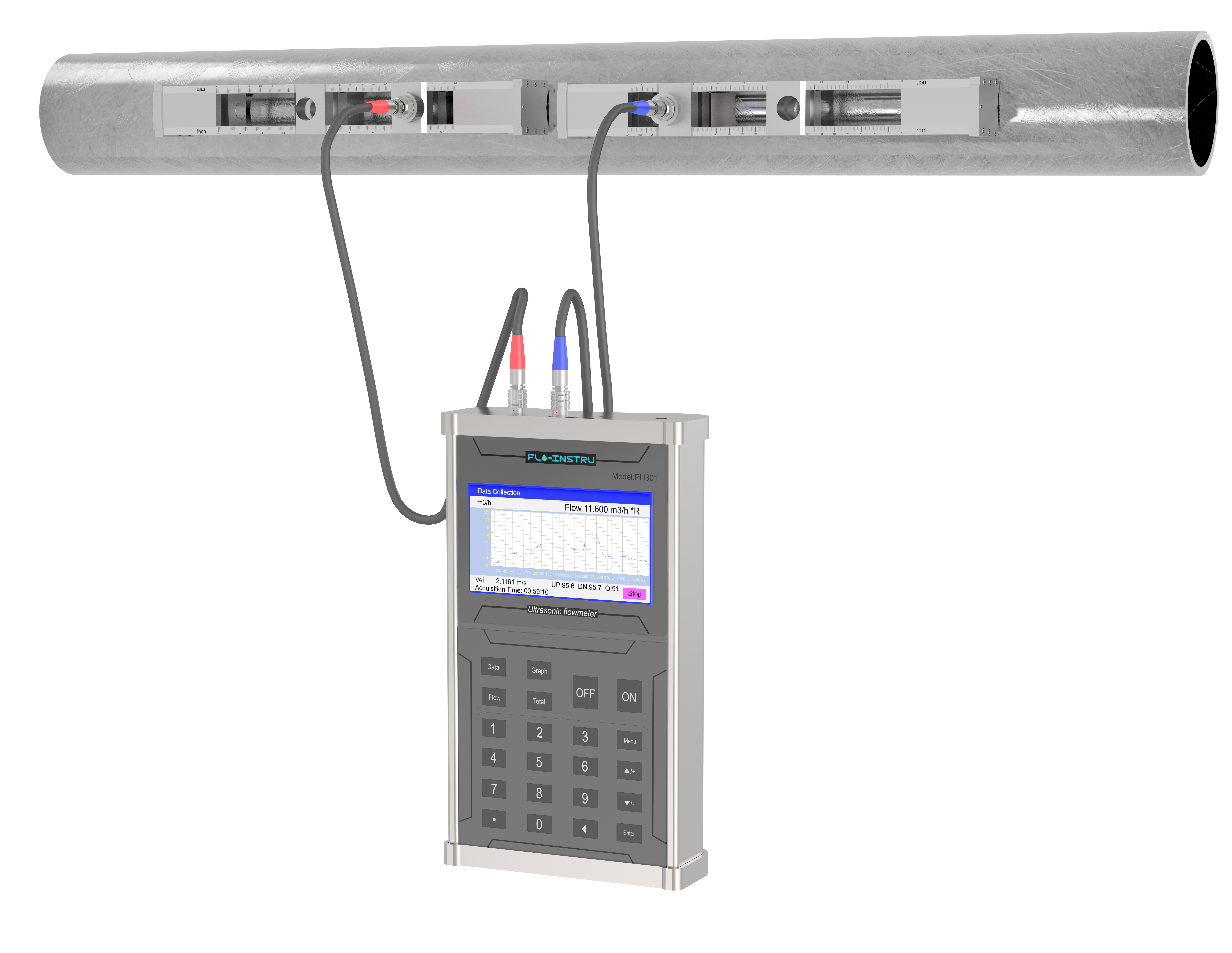 PH301 Portable Ultrasonic Flow Meter For Long Short Term Monitoring